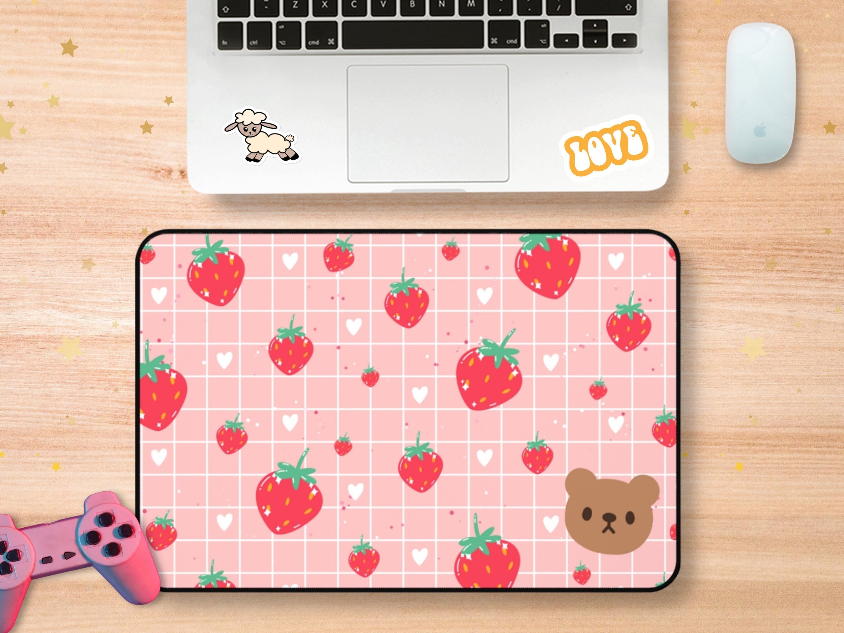 Strawberry Desk Mat Kawaii Pink Kawaii Bear Grid Large - Etsy