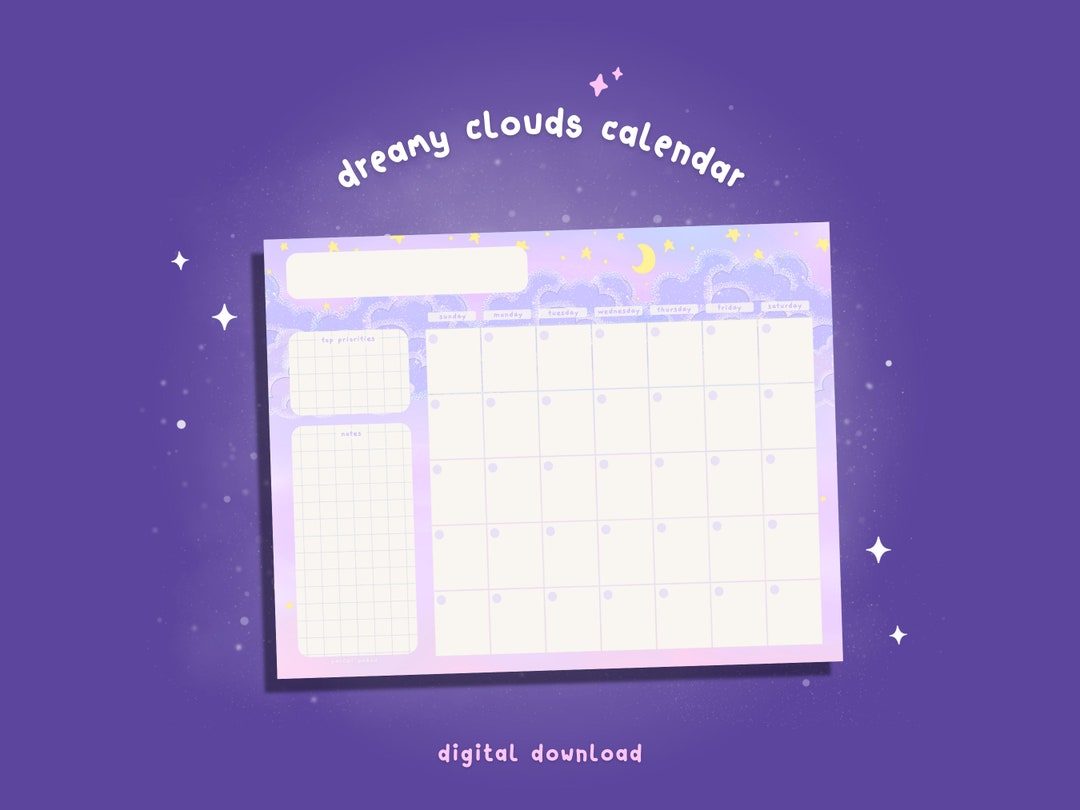 Printable Monthly Planner Dreamy Clouds / Blank Desk Calendar / Cute ...