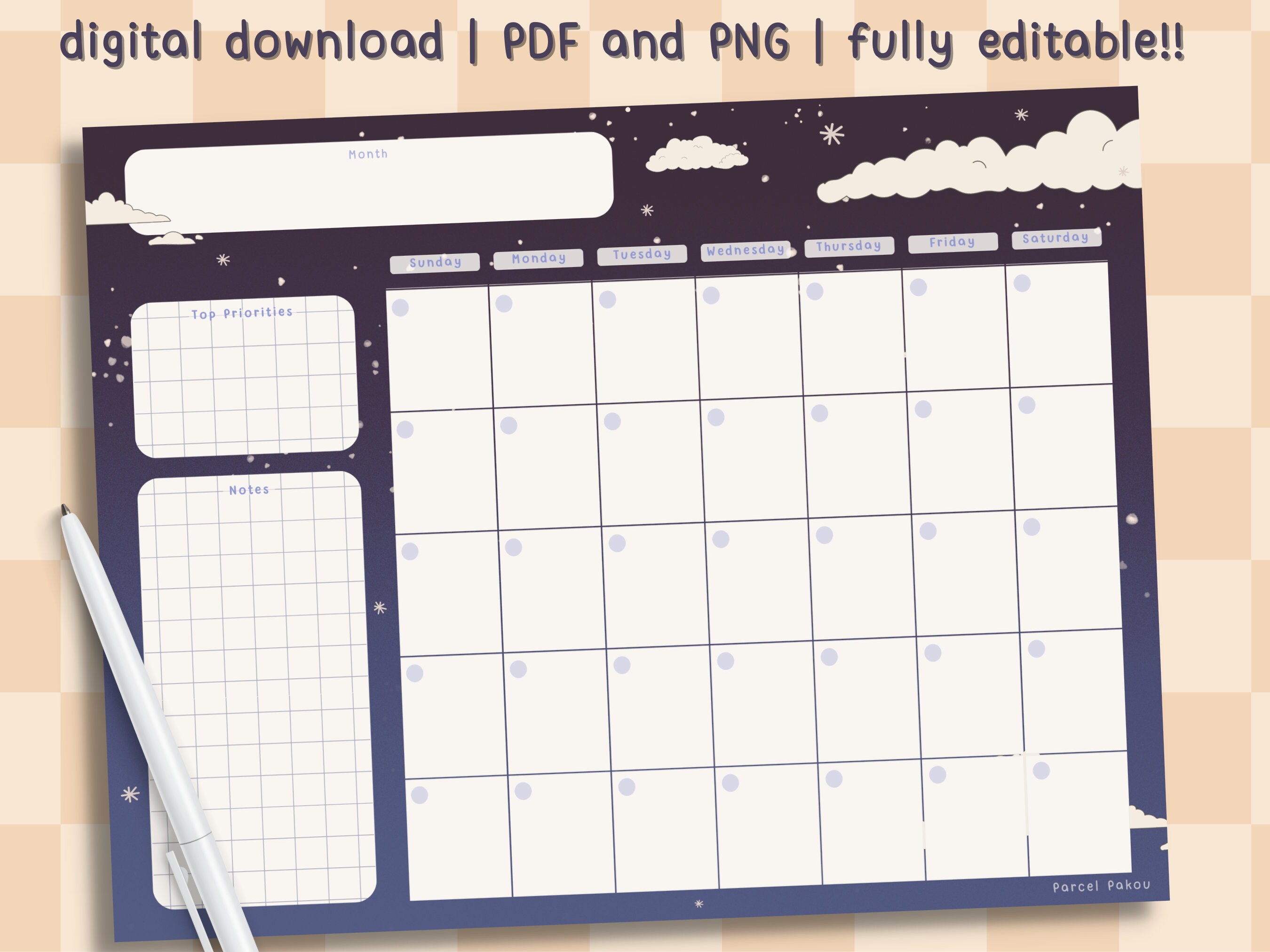 Printable Monthly Planner Clouds / Blank Desk Calendar / Cute - Etsy