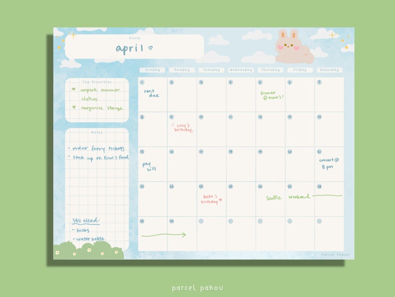 Printable Monthly Planner Blue Sky / Blank Desk Calendar / Cute 2025 ...