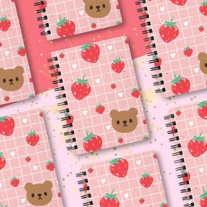 Cute Strawberry Bear Spiral Notebook / Lined Paper Pink Aesthetic Ruled ...