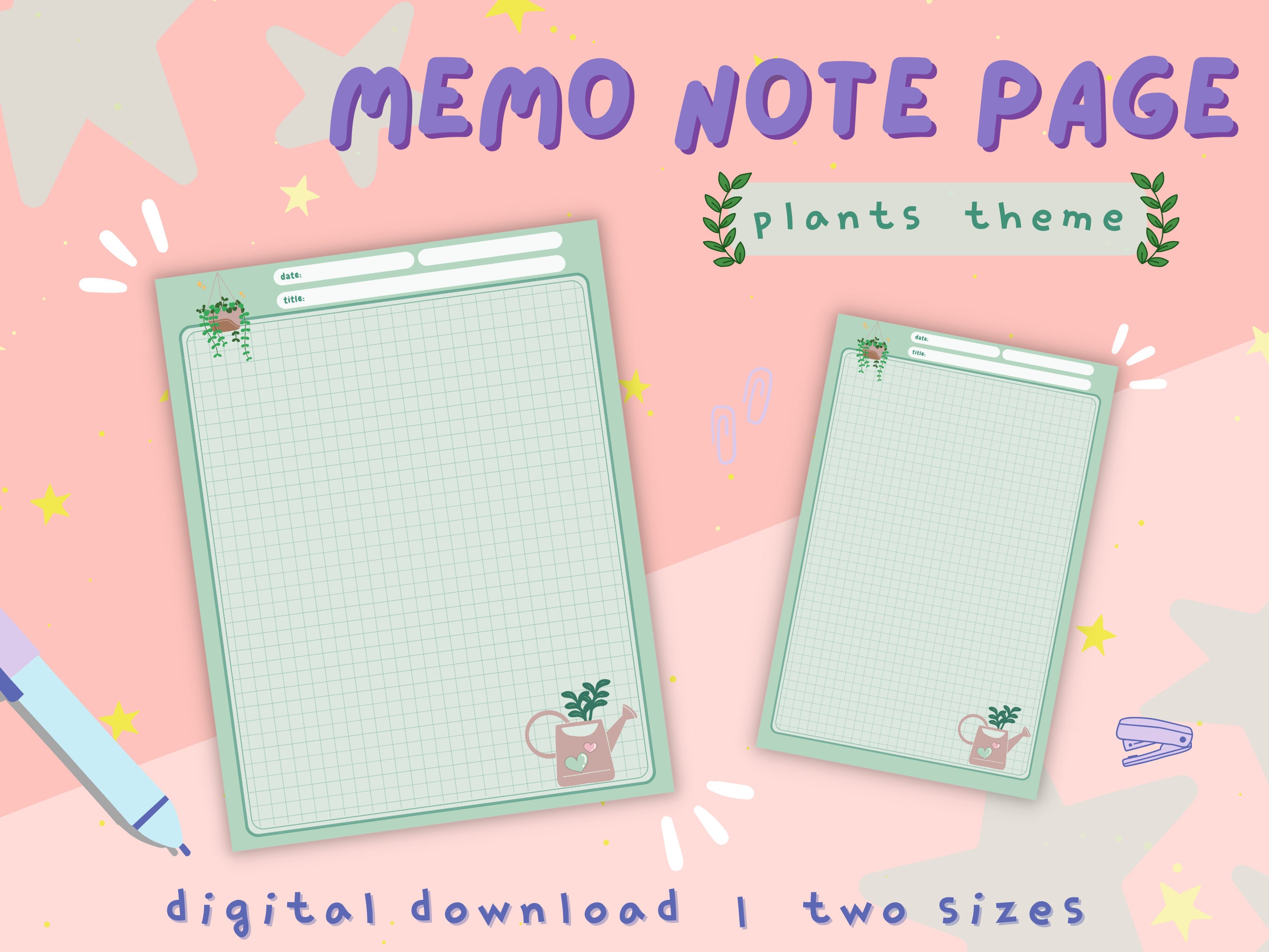 Plant Note Page Printable Green Grid Note Paper Plant - Etsy