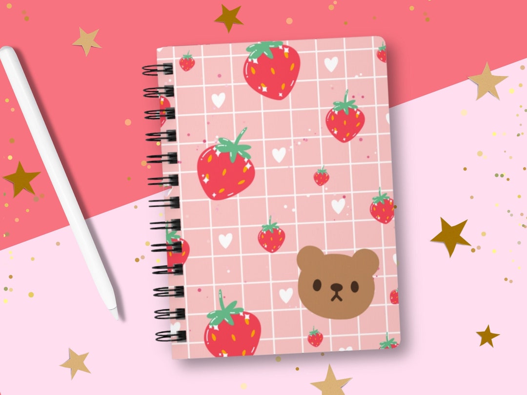 Cute Strawberry Bear Spiral Notebook / Lined Paper Pink Aesthetic Ruled ...