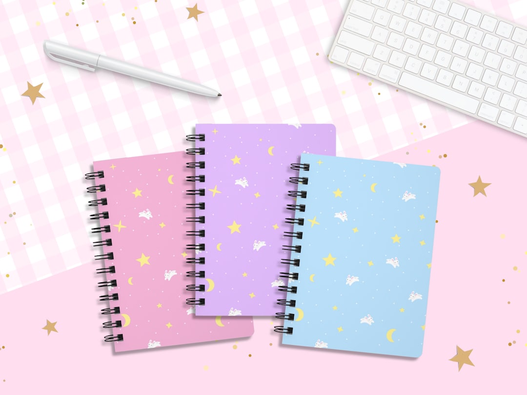 Kawaii Moon Bunny Spiral Notebook / Pink Purple Blue Journal / Lined ...