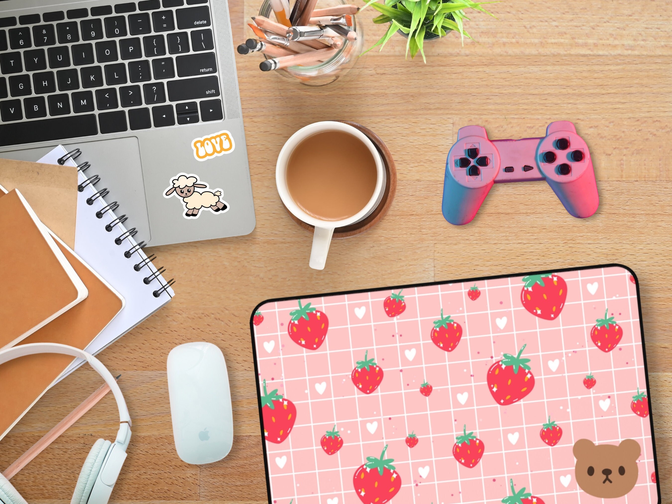 Strawberry Desk Mat Kawaii Pink Kawaii Bear Grid Large - Etsy