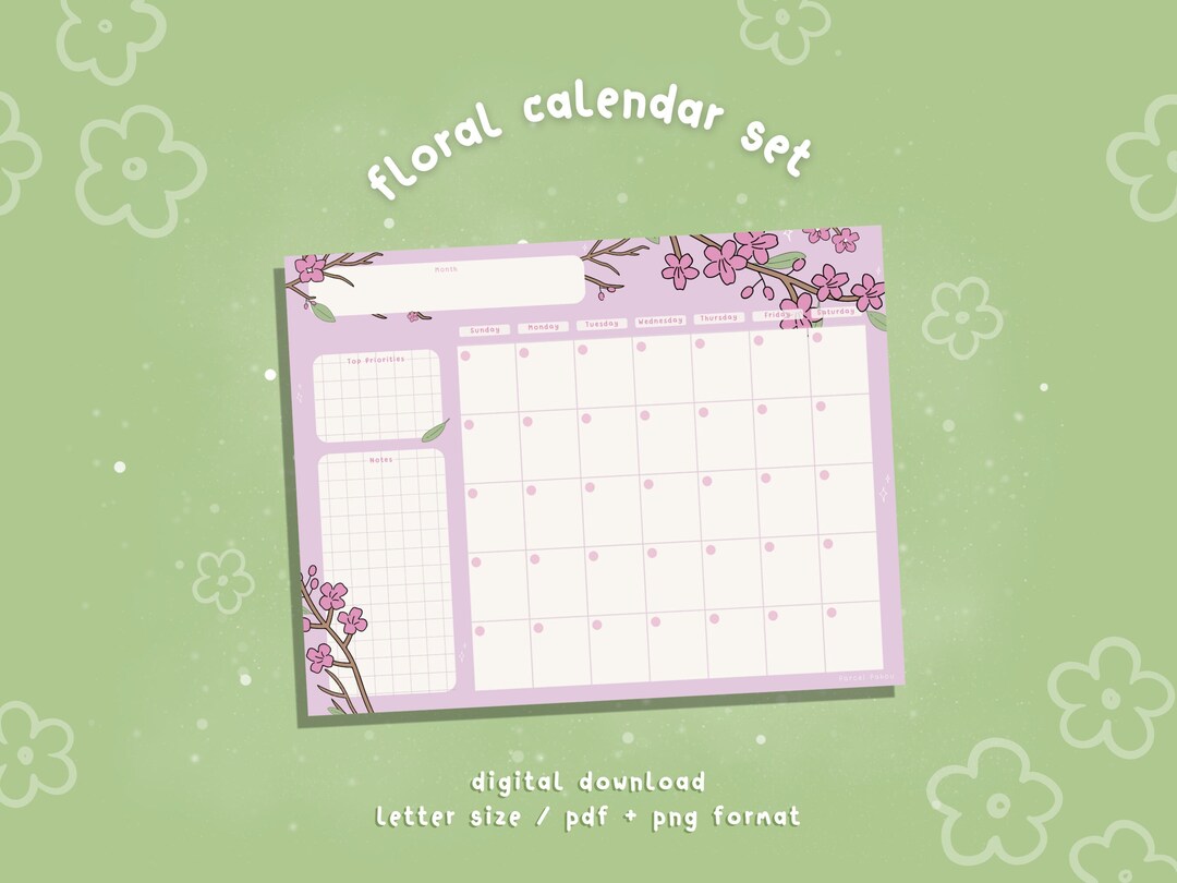 Digital Monthly Calendar / Cute Desk Planner / Flower Stationery ...