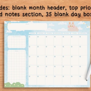 Printable Monthly Planner Blue Sky / Blank Desk Calendar / - Etsy