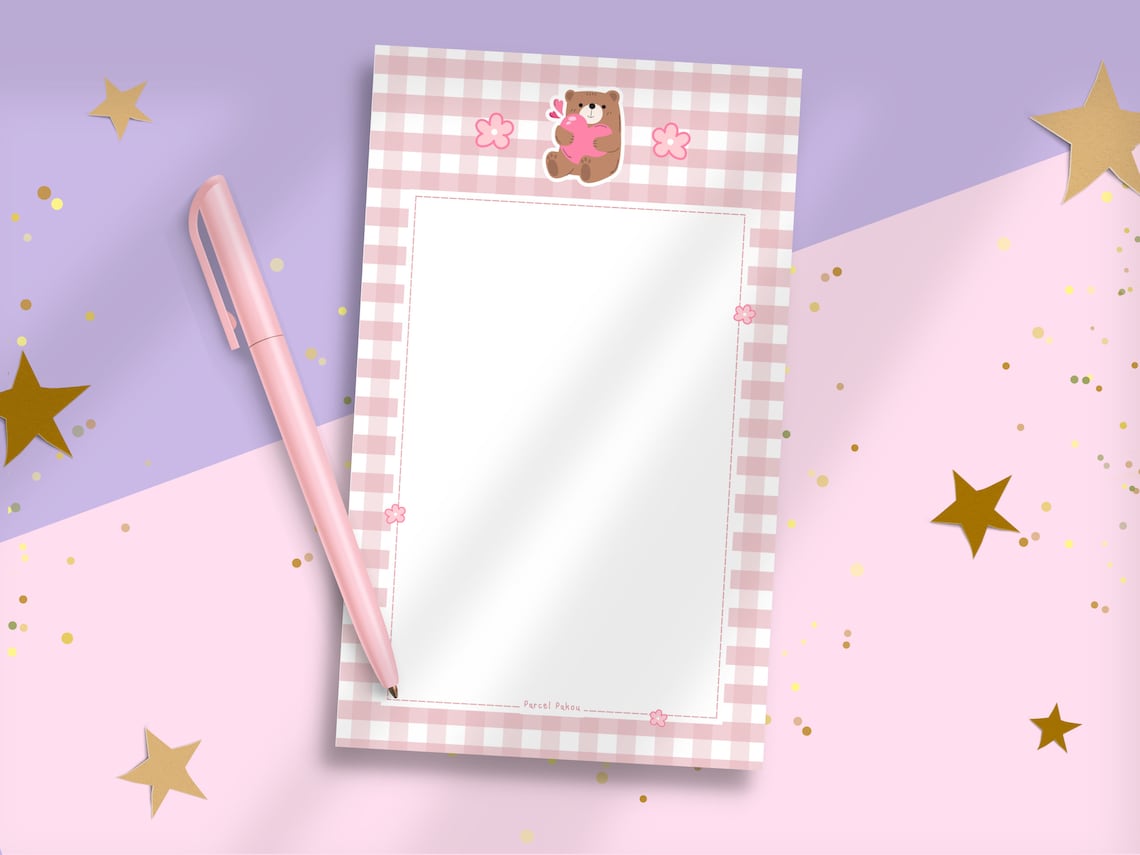 Cute Pink Bear Notepad / Kawaii Spring Flower Stationery / to Do List ...