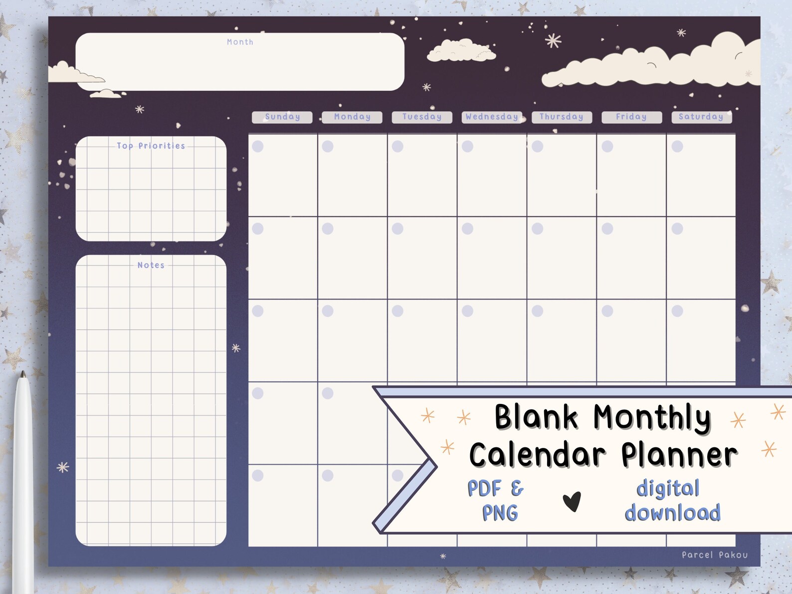 Printable Monthly Planner Clouds / Blank Desk Calendar / Cute - Etsy