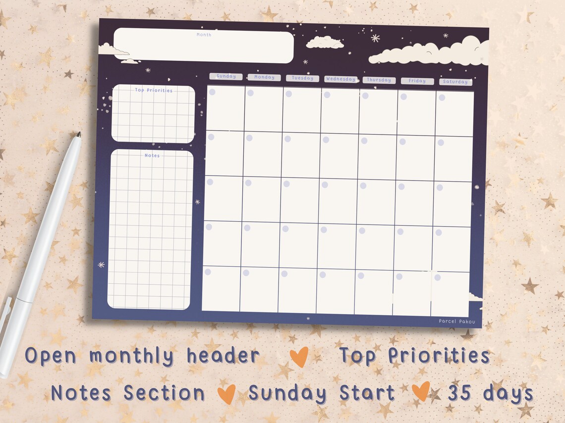 Printable Monthly Planner Clouds / Blank Desk Calendar / Cute - Etsy