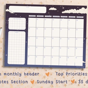 Printable Monthly Planner Clouds / Blank Desk Calendar / Cute - Etsy