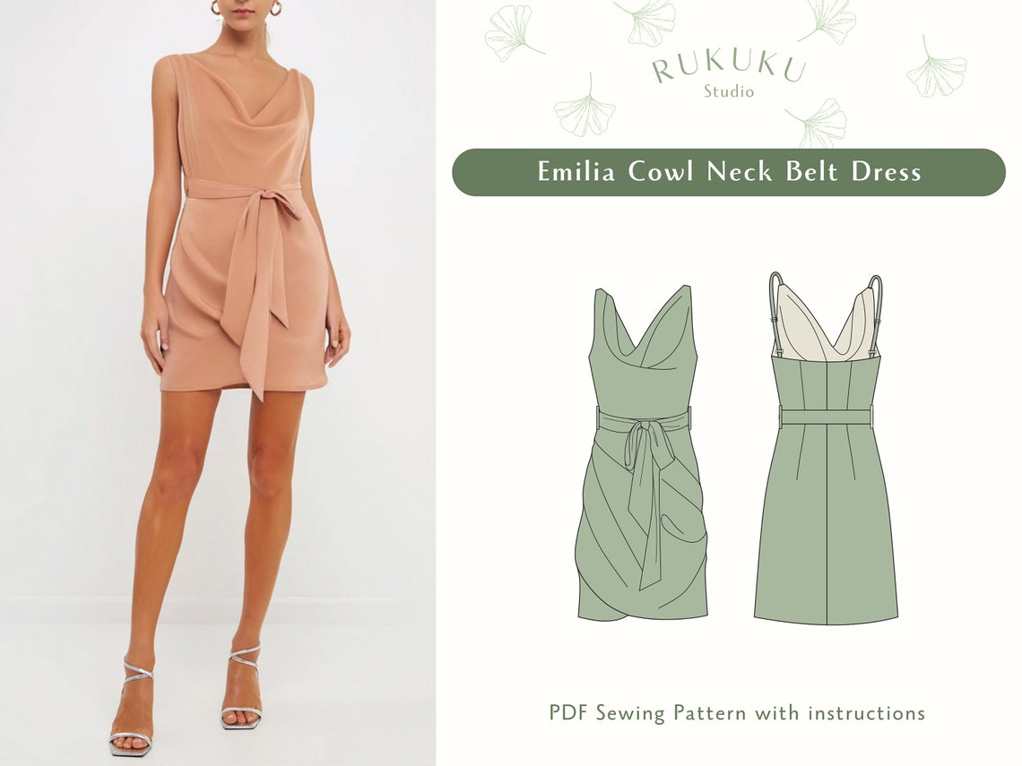 Emilia Cowl Neck Belt Dress | Sewing Pattern| Dress Pattern | Woman ...