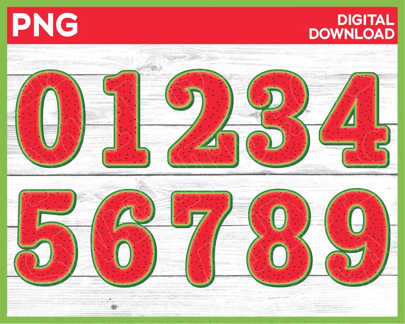 Watermelon Numbers Png Red and Green Watermelon Numbers 0-9 - Etsy