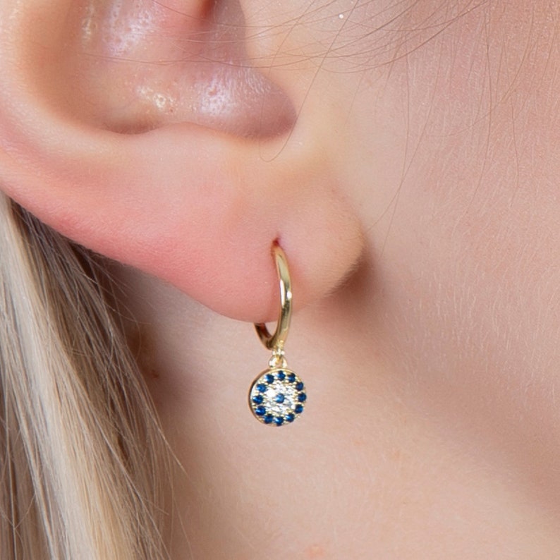 Evil Eye Huggie Hoop Earrings, Dainty Gold Huggies With Charm, 18K Gold ...