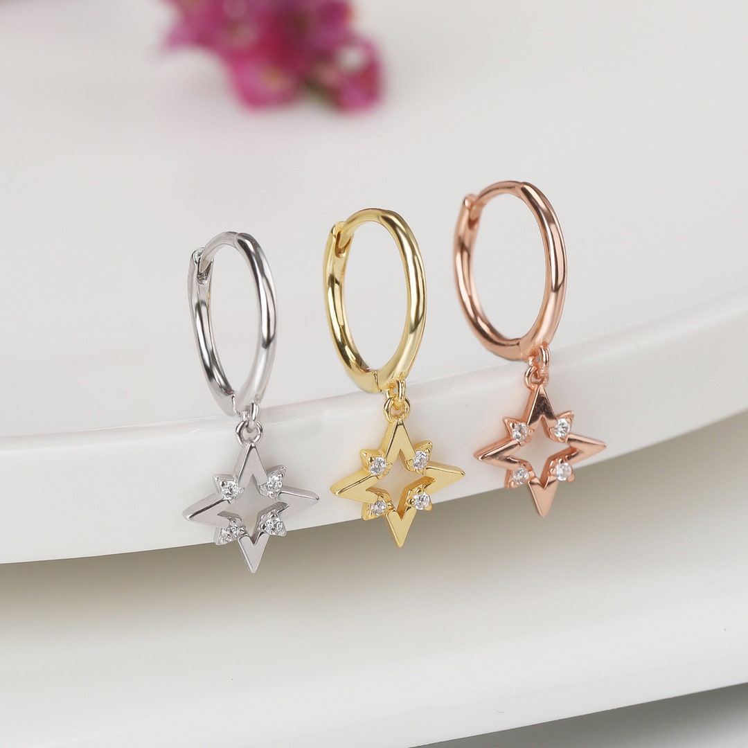 Starburst Huggie Earrings, Gold Star Hoop Earring, Sterling Silver ...