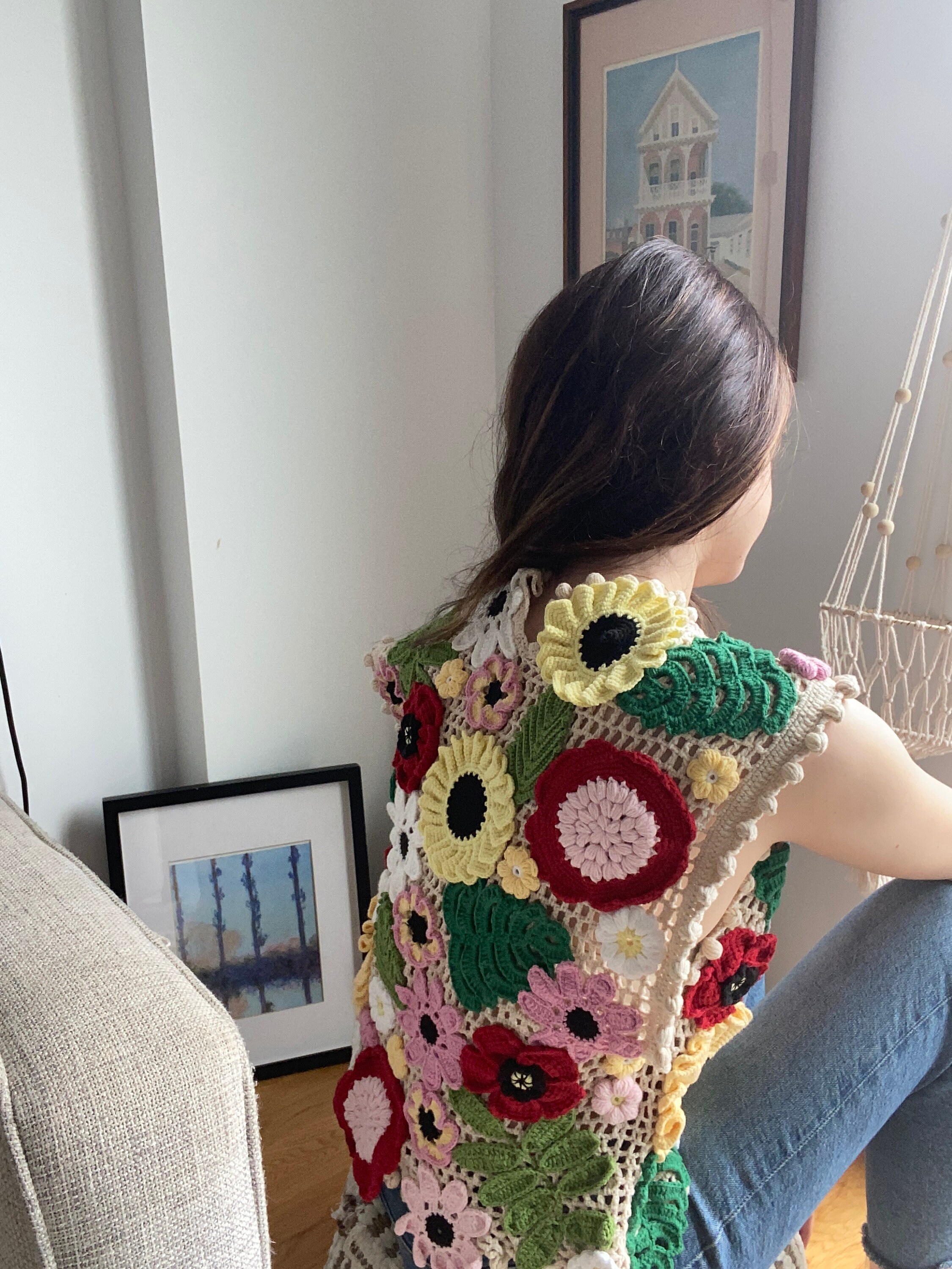 Handmade Flowers Vest, Multicolor Vest, Oversized Vest, Yellow Vest ...