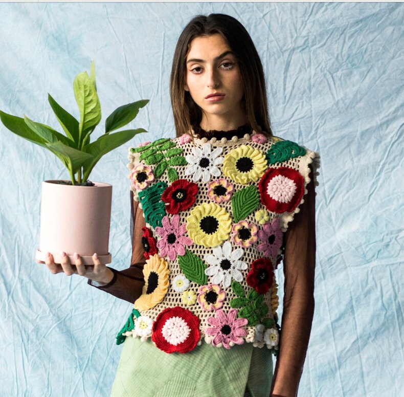 Handmade Flowers Vest, Multicolor Vest, Oversized Vest, Yellow Vest ...