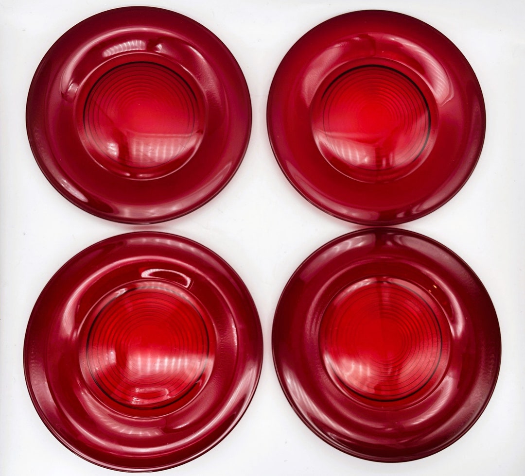 Lot of 4 Vintage Ruby Red Glass Bread Side Salade Dessert Plates 6.25 W ...
