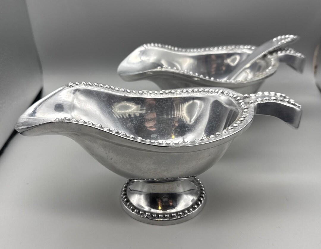 Lot of 2 - Vintage Pewterware String of Pearls Gravy Boats Dishes With ...