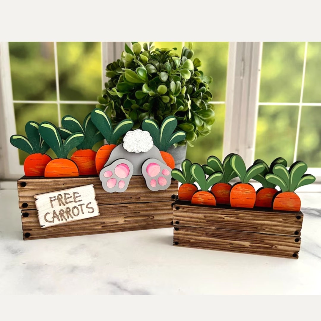 Bunny Tail in Crate of Carrots, Mini Carrot Crate, Hand Painted Laser Cut Shelf Sitter, Spring ...
