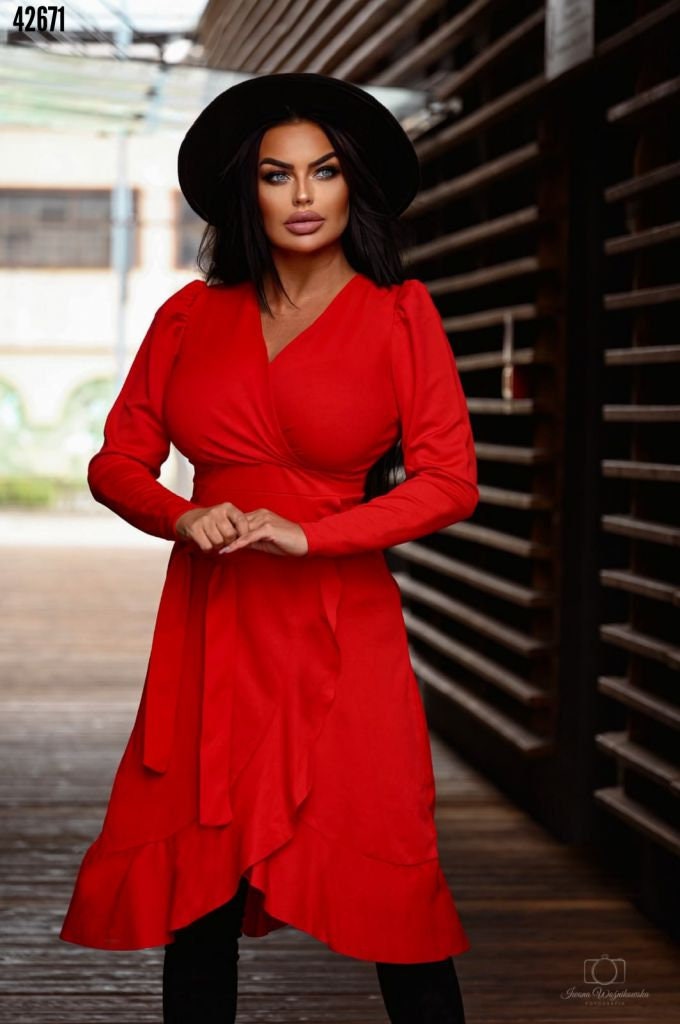 Belted Solid Midi Red Dress for Christmas, Long Sleeve Dress, Casual ...