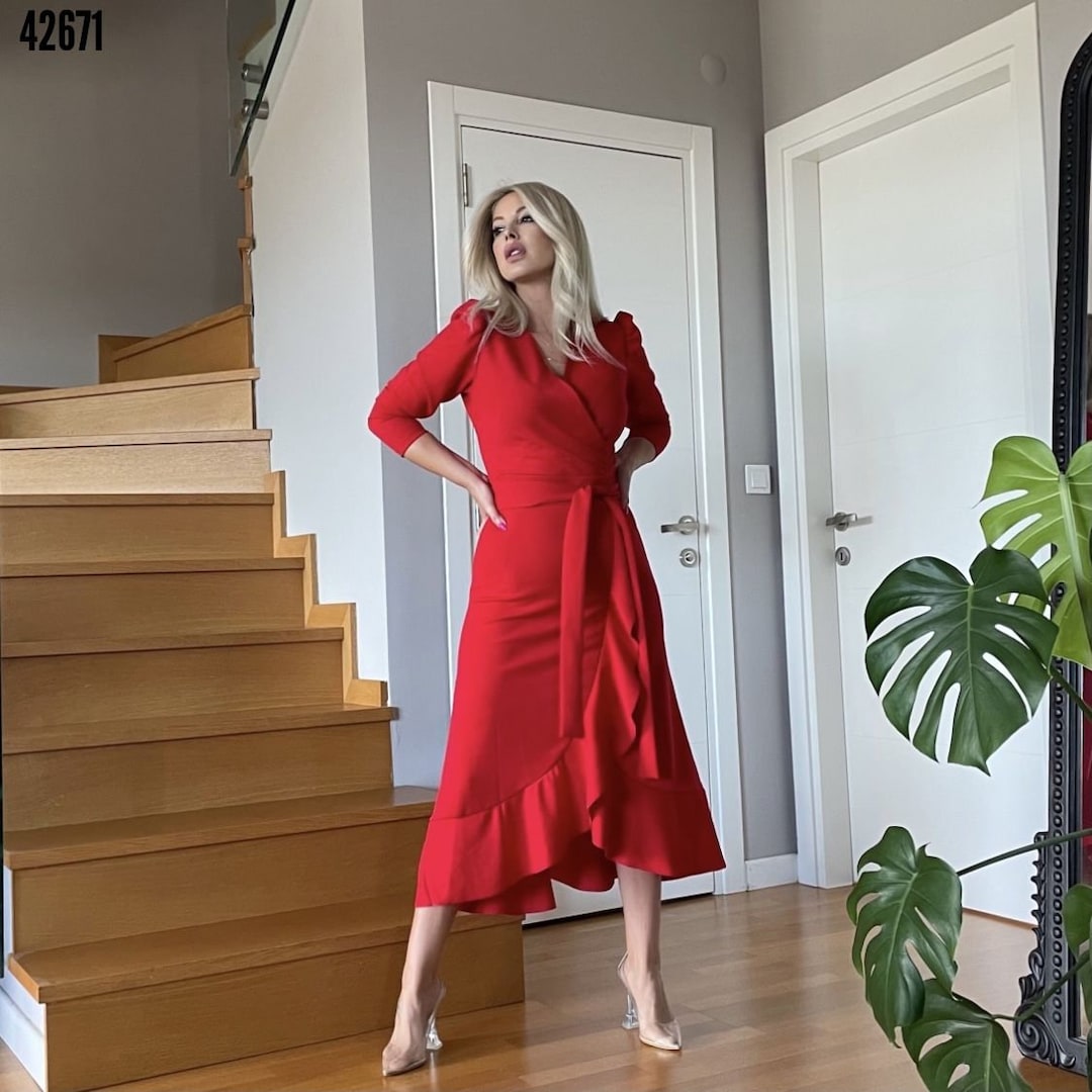Belted Solid Midi Red Dress for Christmas, Long Sleeve Dress, Casual ...