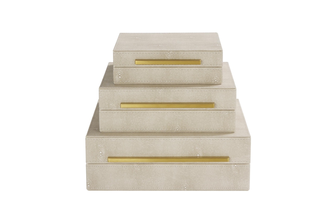 Ivory Faux Shagreen Leather Set of 3pcs Nested Storage Box With Black ...