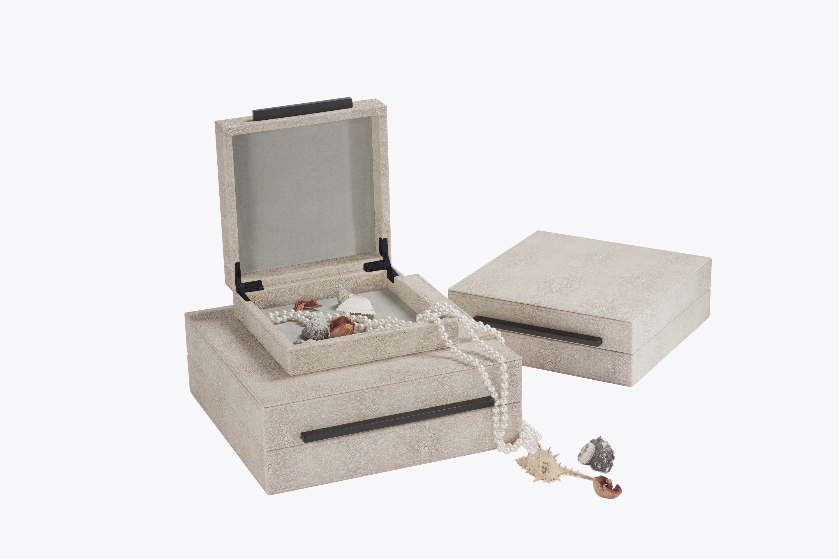 Ivory Faux Shagreen Leather Set of 3pcs Nested Storage Box With Black ...