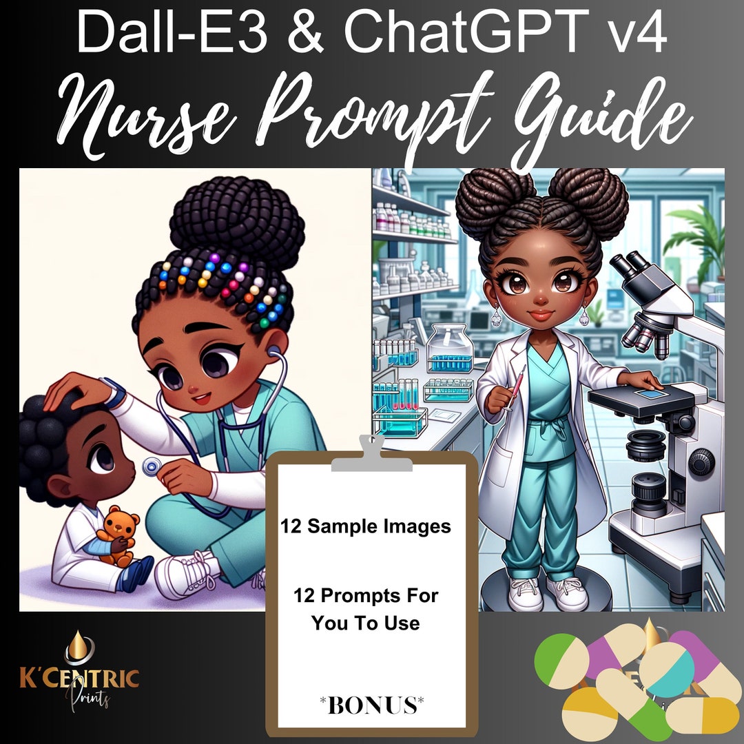 DALL-E 3 & Chatgpt V4 AI Art Prompt Guide 12 Prompts Black Nurse Clipart Prompts Chibi Style ...
