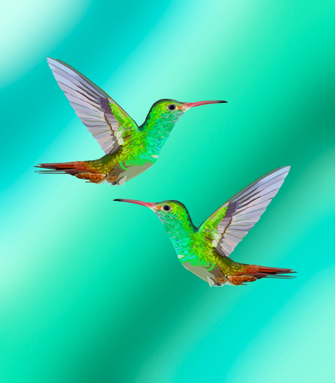 Duo Hummingbird Green Art Print, Hummingbird Painting, Hummingbird Wall ...