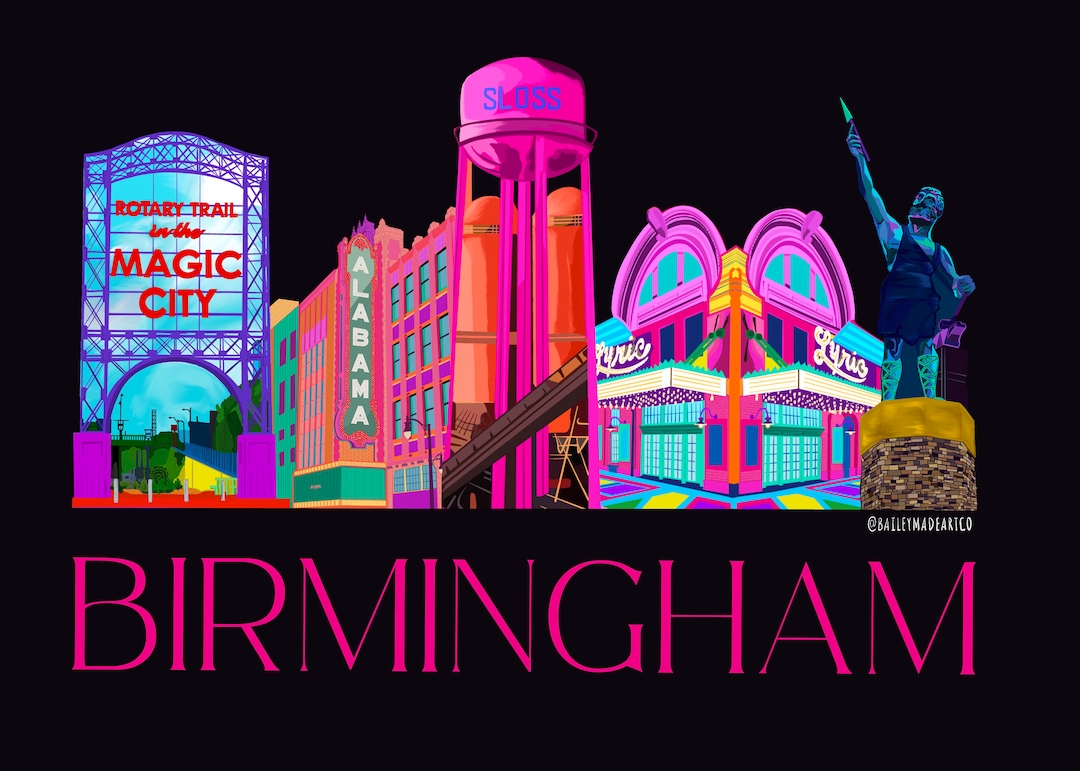 Birmingham Icons Print on Black, Colorful Birmingham AL Art, Landmark ...