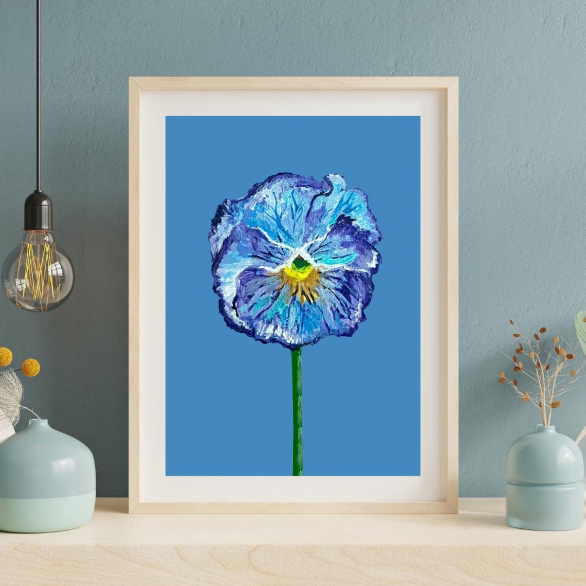 Blue Ruffled Pansie Flower Art Print, Blue Backdrop, Single Stem Flower ...