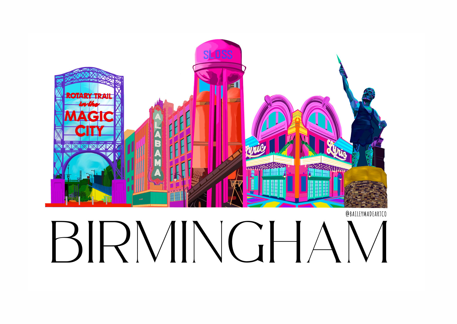 Birmingham Icons Print, Colorful Birmingham AL Art, Landmark Print ...