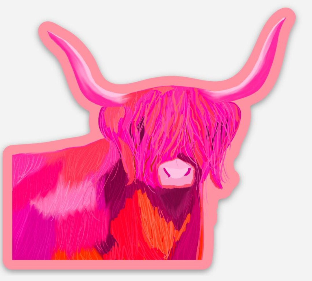 Harry Heffer Highland Cow Vinyl Sticker, Pink Cow Sticker, Farm Animal ...