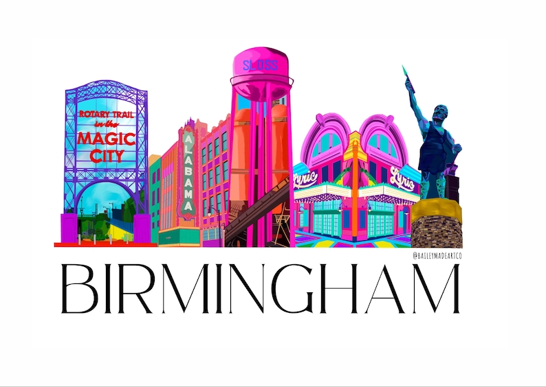 Birmingham Icons Print, Colorful Birmingham AL Art, Landmark Print ...