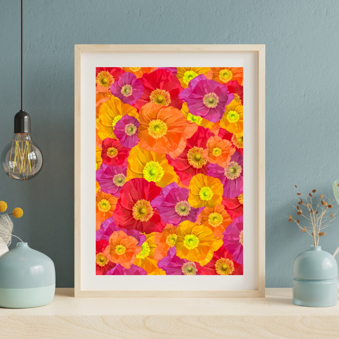 Poppies Art Print, Poppies Wall Art, Orange Yellow and Pink Flowers ...