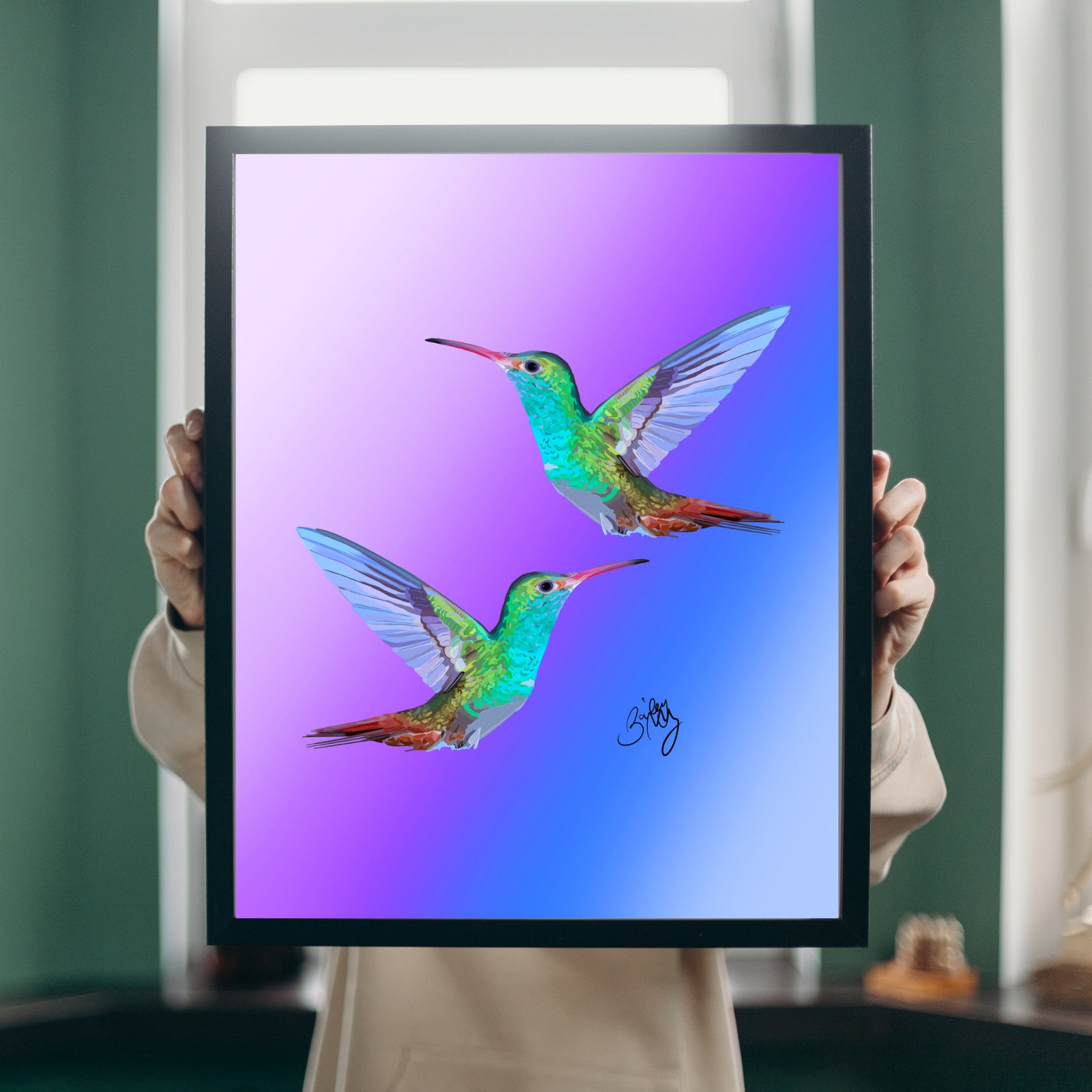 Duo Hummingbird Purple and Blue Art Print, Hummingbird Painting ...