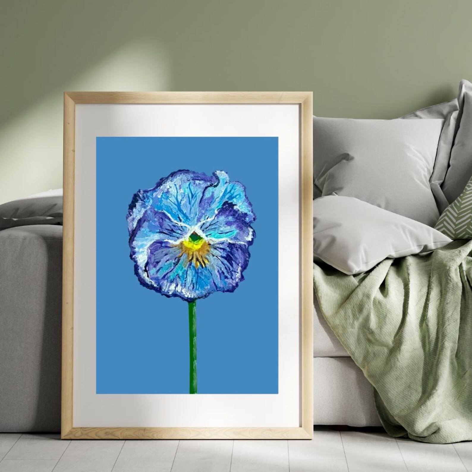 Blue Ruffled Pansie Flower Art Print, Blue Backdrop, Single Stem Flower ...