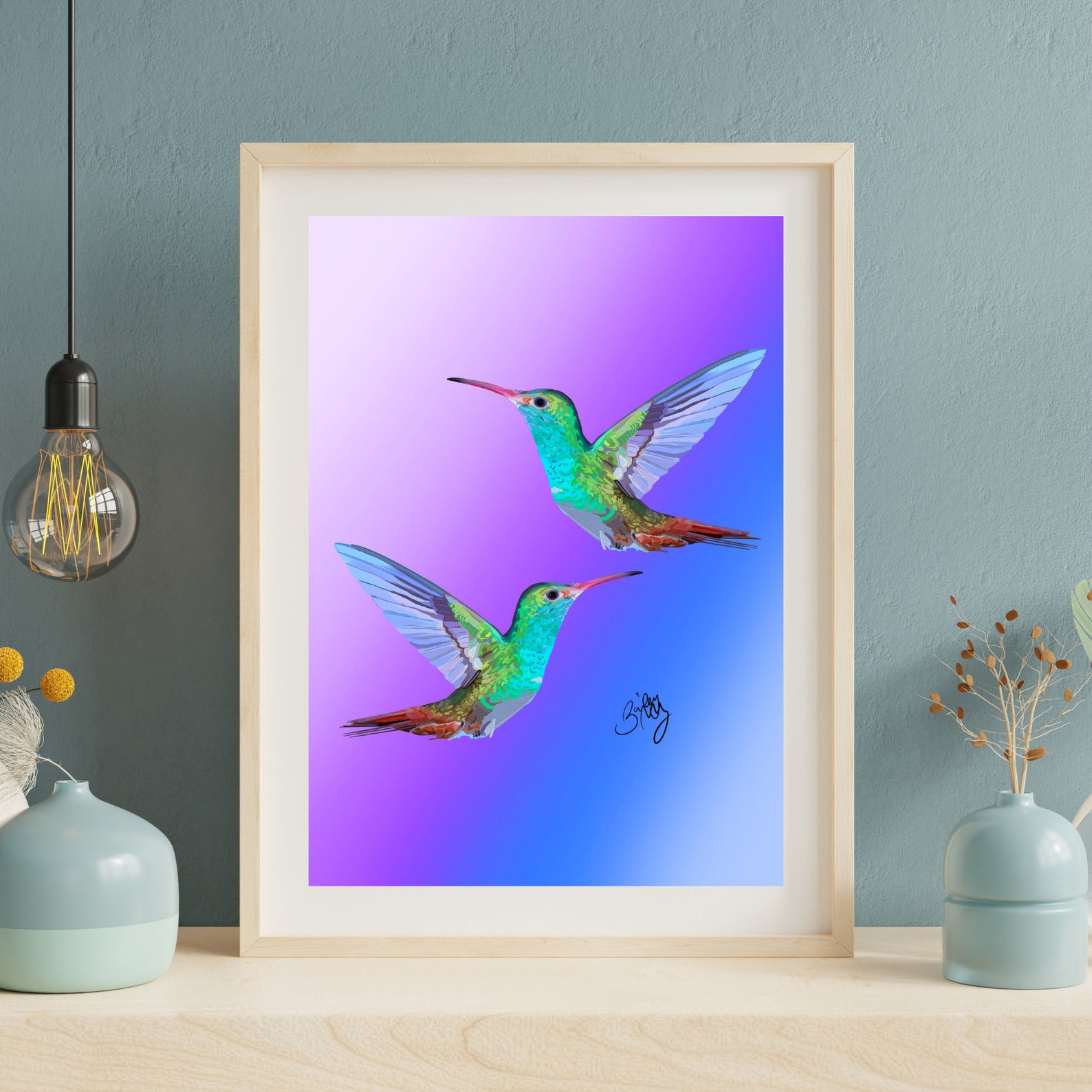 Duo Hummingbird Purple and Blue Art Print, Hummingbird Painting ...