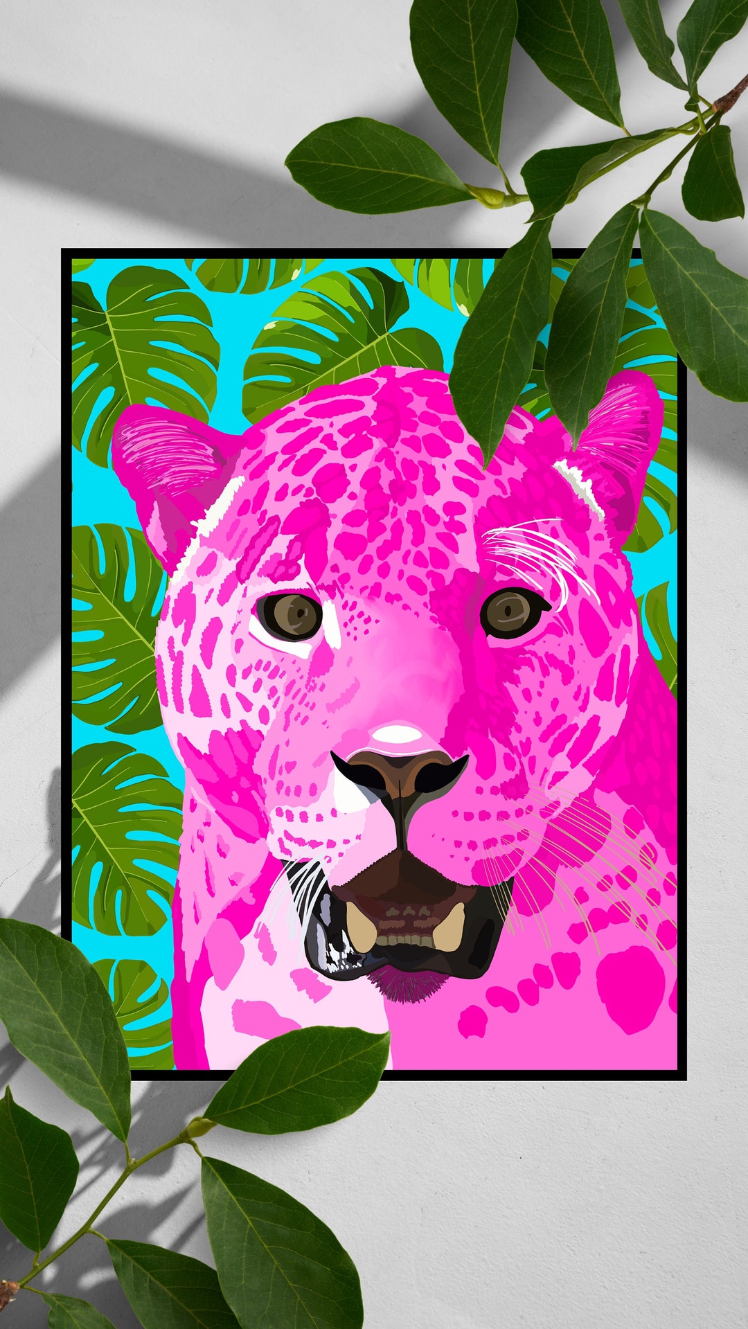 Pink Leopard Fine Art Print With Tropical Leaves, Preppy Cheetah Art ...