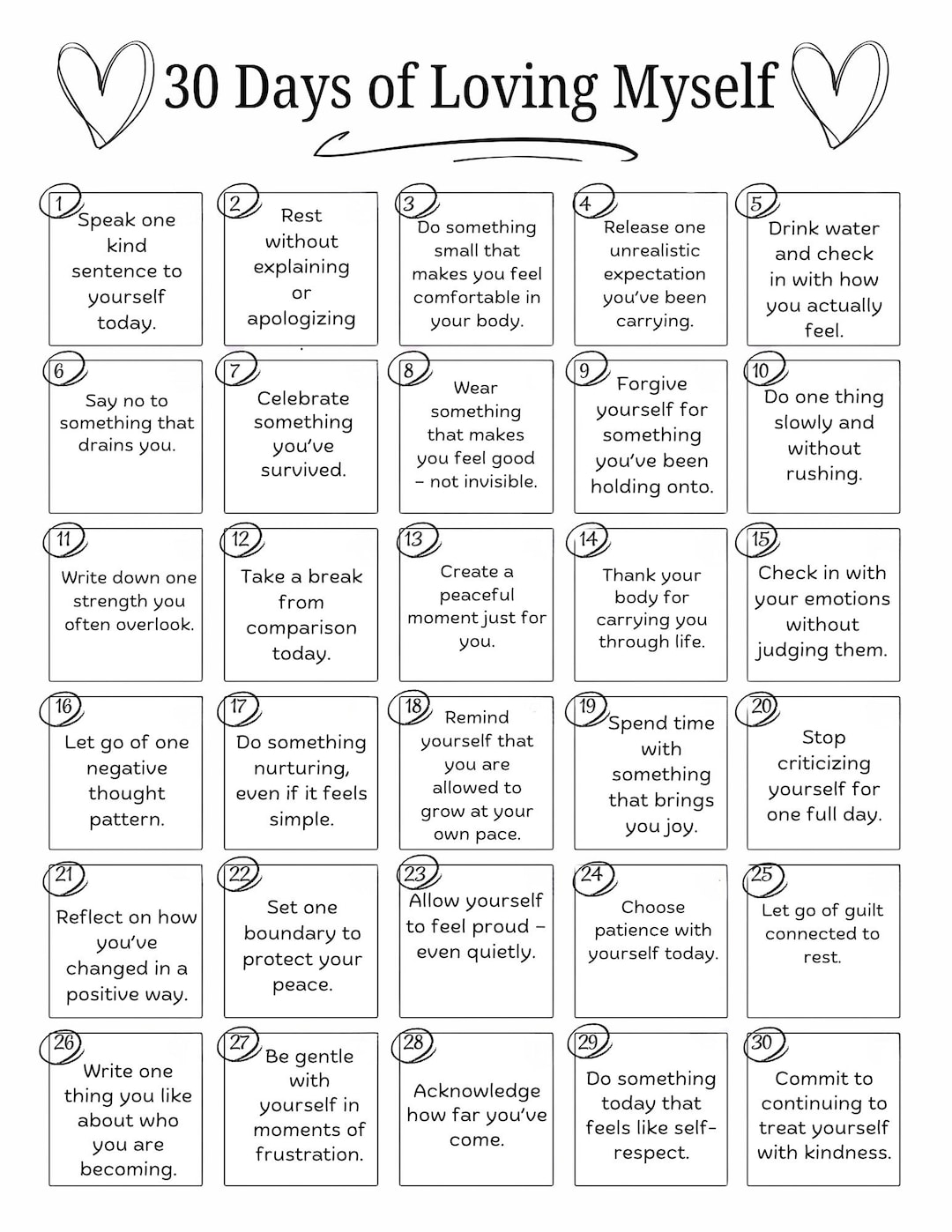 30 Days of Loving Myself, Self Love Challenge Printable, Daily ...