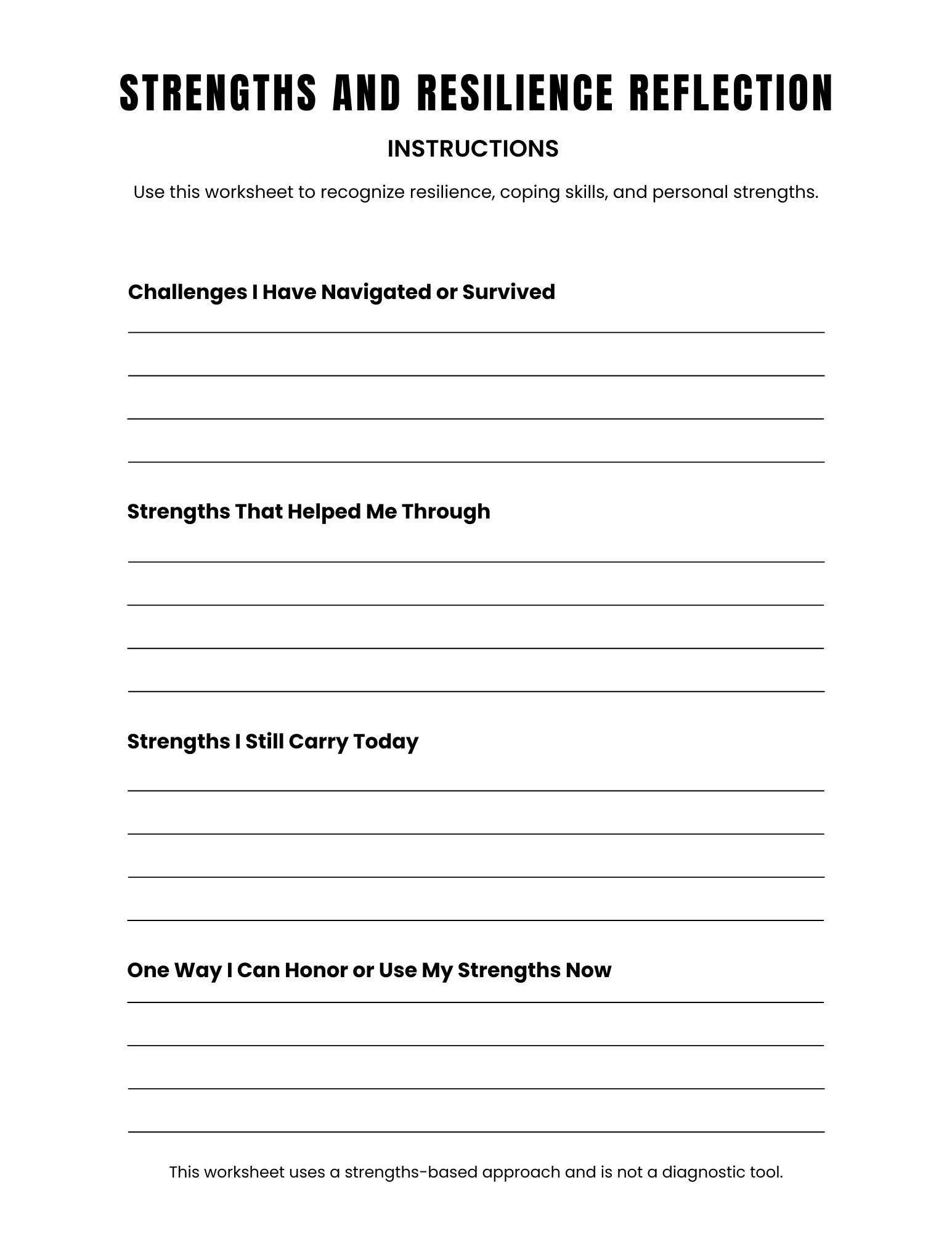 Strengths & Resilience Reflection Worksheet, Counseling Tool, Social ...