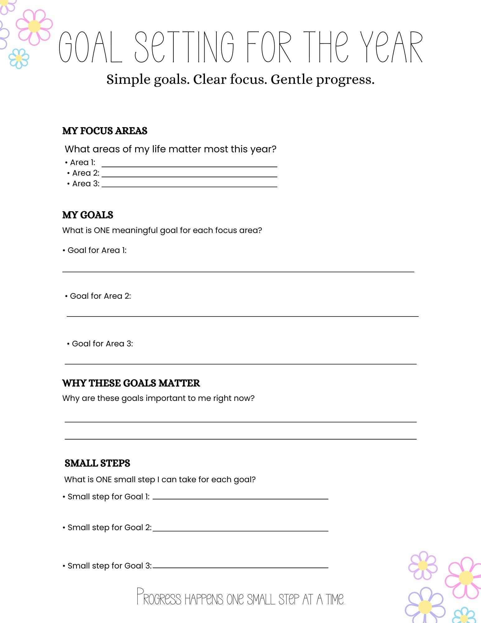 New Year Goal Setting Worksheet, One Page Goal Planner Printable ...