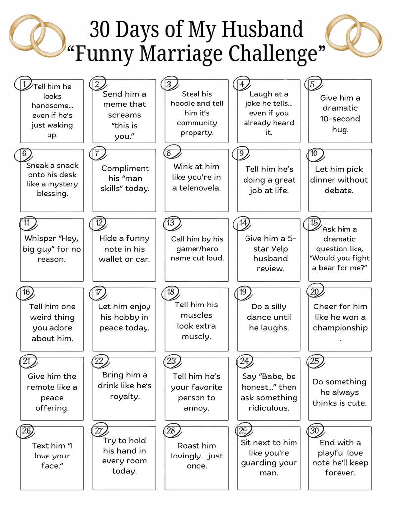 30-day Couples Challenge Printable | Funny Marriage Challenge Bundle ...