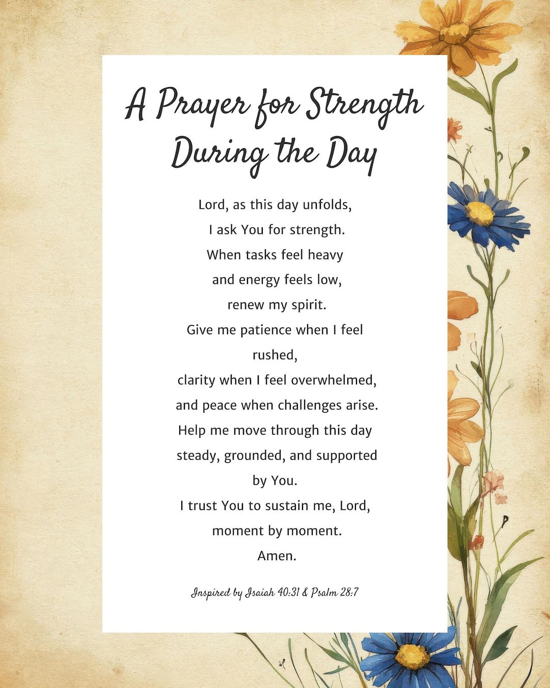 A Prayer for Strength During the Day Printable, Christian Wall Art ...