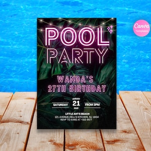 Neon Pool Party Invite Instant Download Glow Party - Etsy