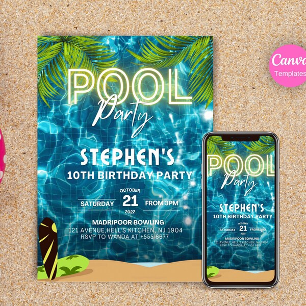 Pool Party Invitation Instant Download, Kids Blue Pool Party Digital ...