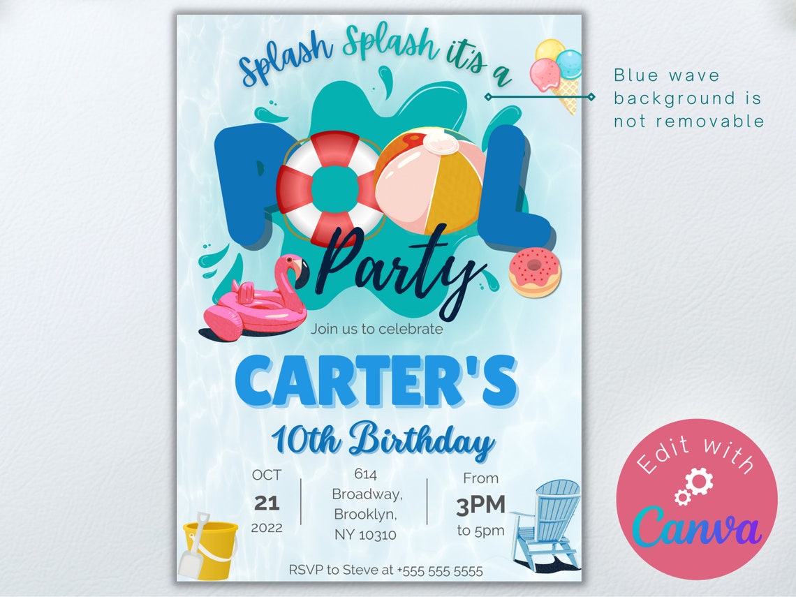 Pool Party Invitation Instant Download Kids Blue Pool Party - Etsy