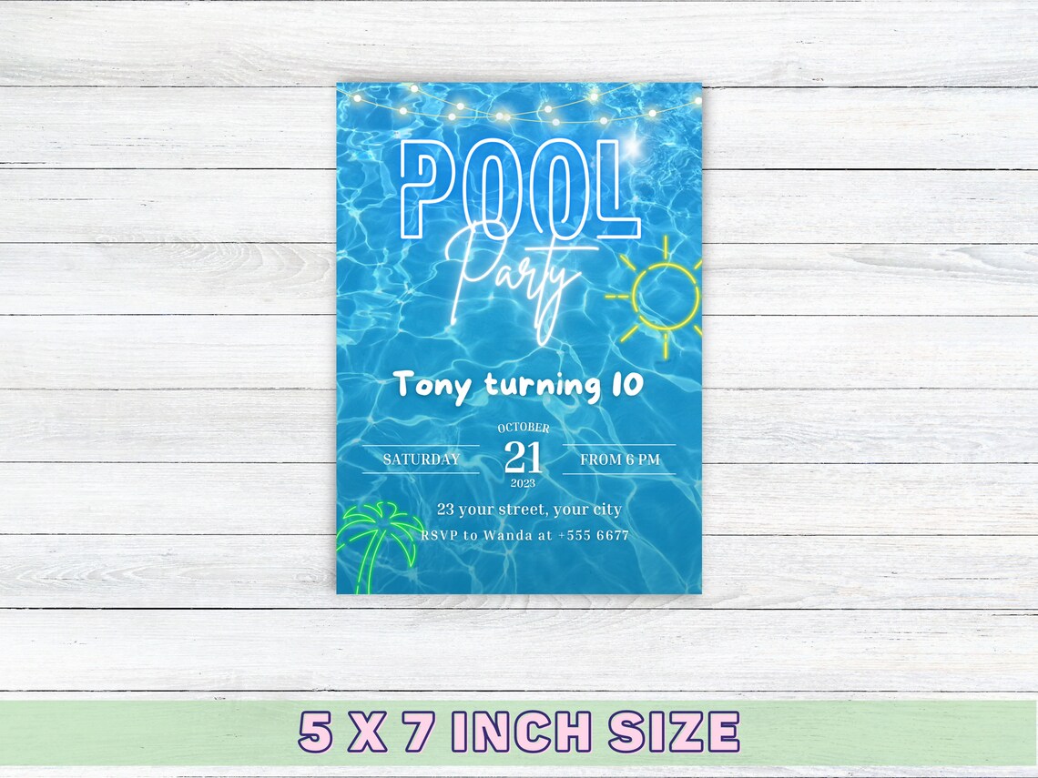 Pool Party Invitation Template, Neon Pool Party Invitation Template ...