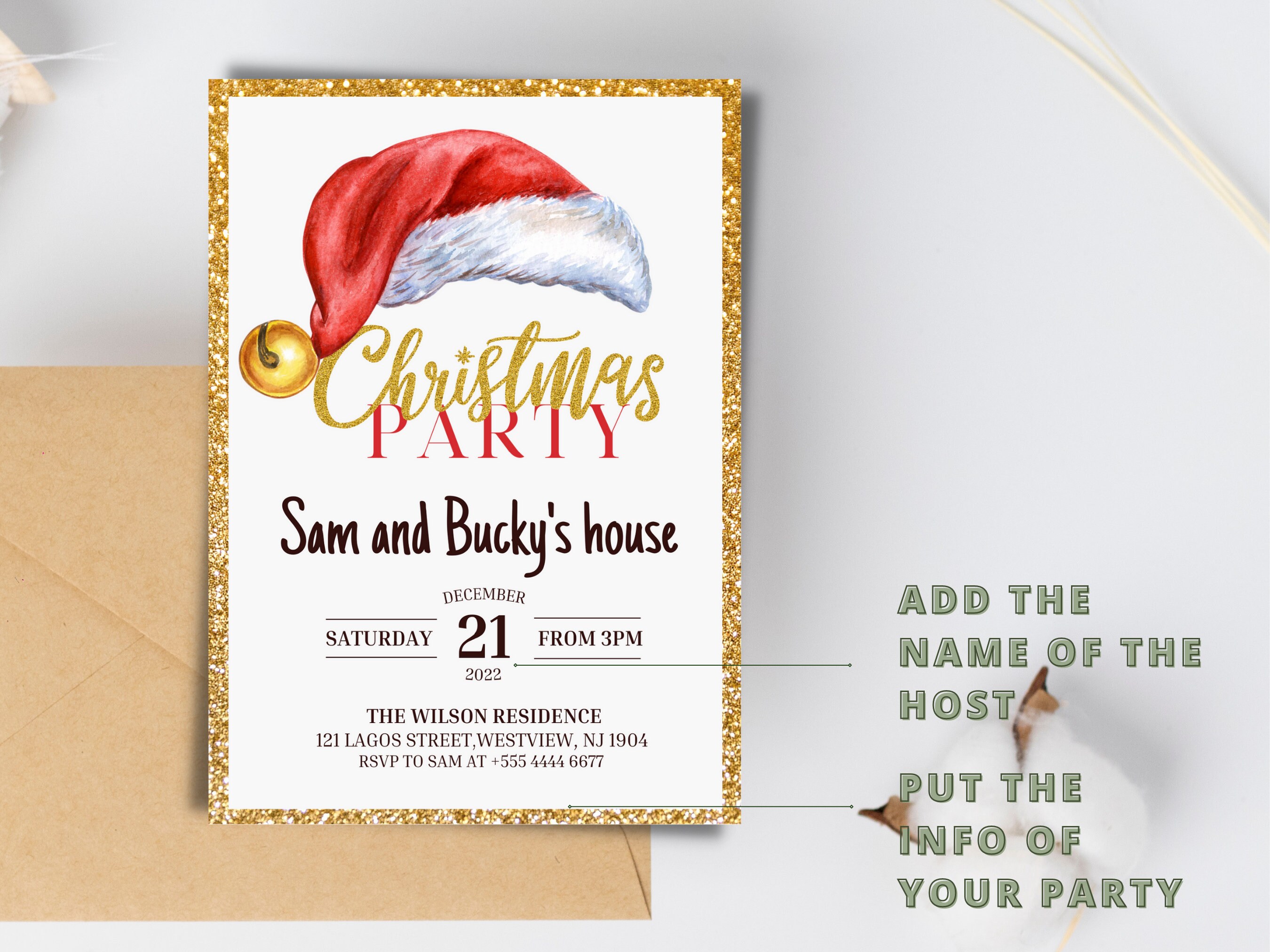 Christmas Party Invitation Santa Hat, Gold Christmas Invitation With ...